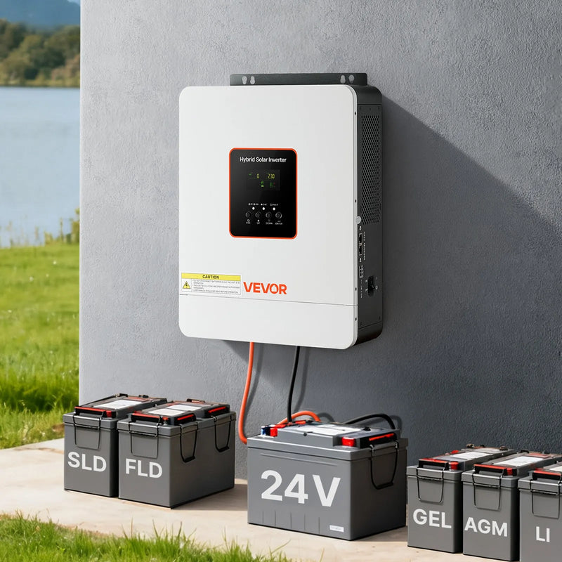 VEVOR hibrīda saules invertors 3000 W, 24 V DC uz 230 V AC, tīras sinu